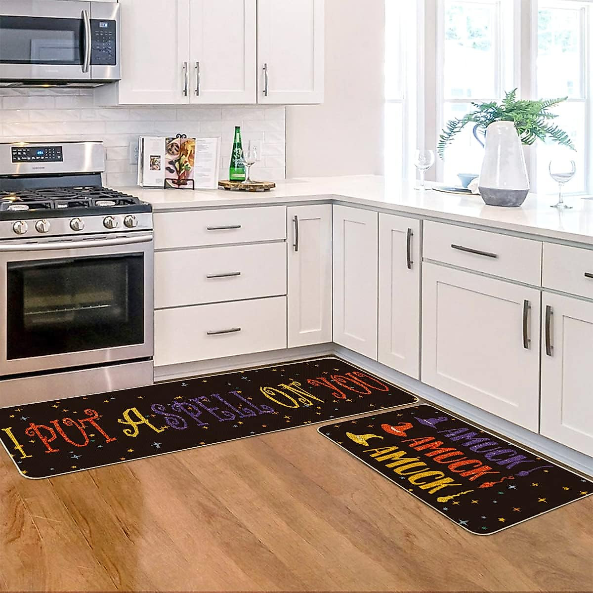 Artoid Mode Black I Put A Spell On You Amuck Halloween Decorative Kitchen Mats Set of 2, Low-Profile Floor Mat 17x29 and 17x47 Inch