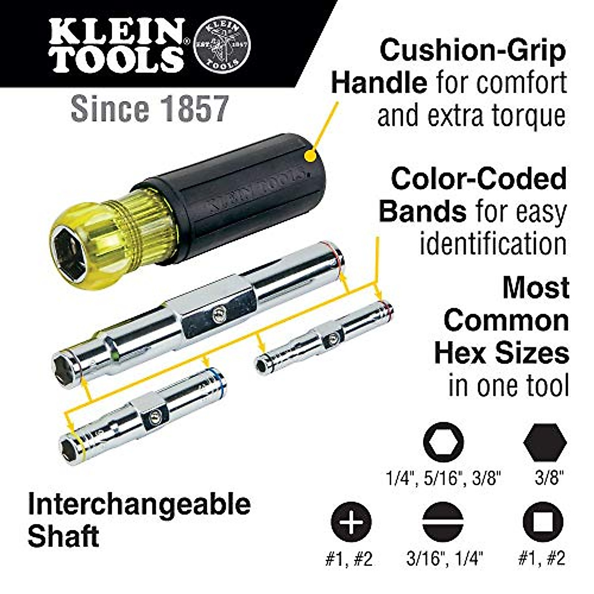Klein Tools 32800 Nut Driver, 6-in-1 NutDriver Set, SAE Standard Six Point Hex Sizes with Heavy Duty Hollow Shaft