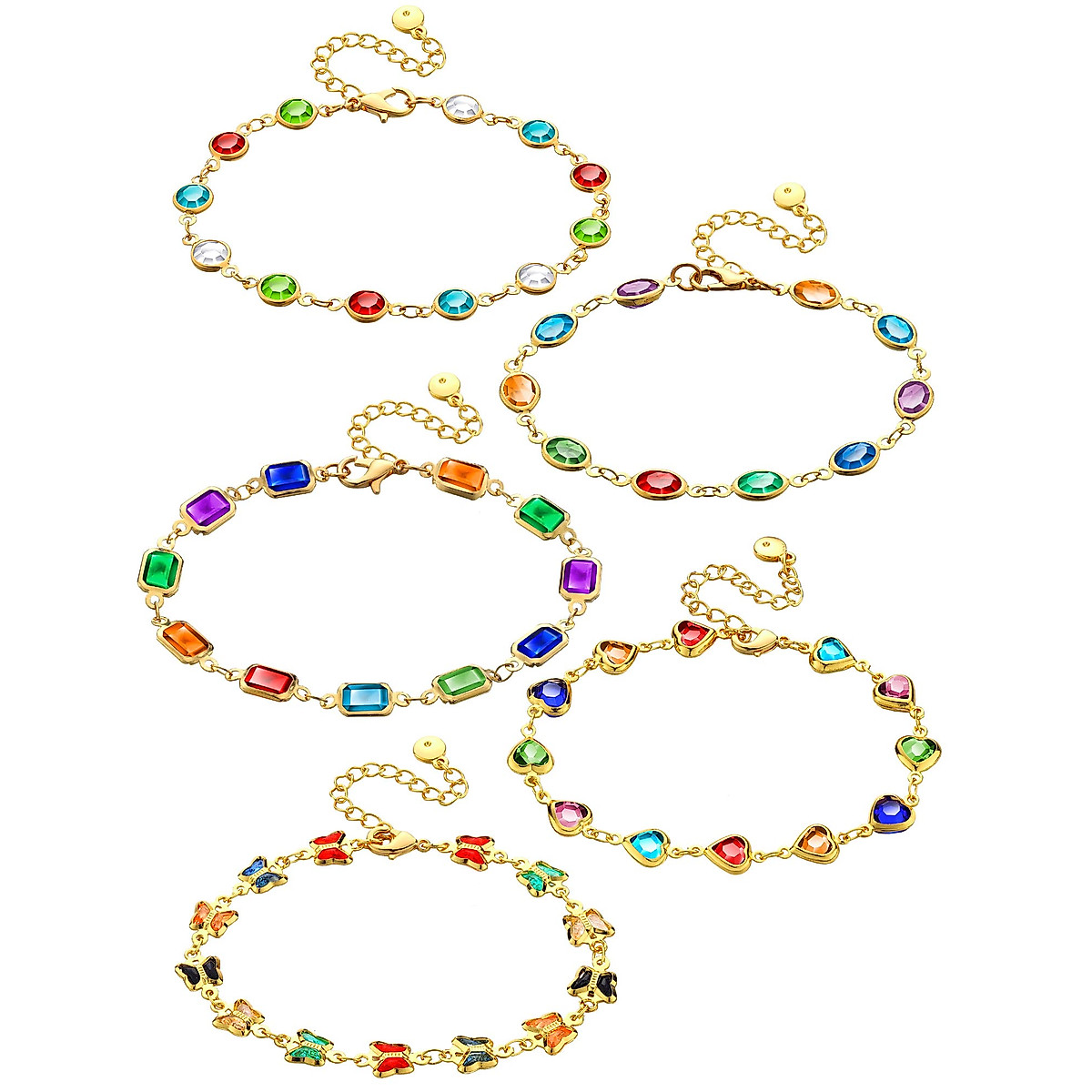 Jadive 5 Pieces 18k Gold Plated Crystal Anklets for Women Multi Stone Bracelet Rectangular Round Heart Oval Butterfly Shaped Cute Anklet Bracelet for Women Girls Jewelry Gift(Gold)