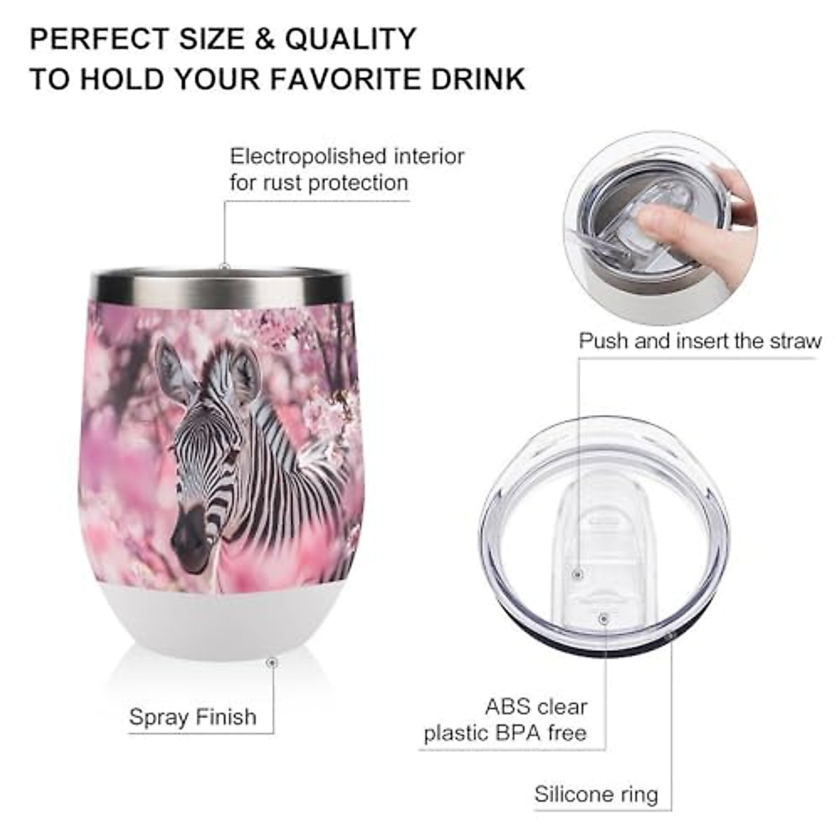 Zebra in Cherry Flowers Funny Wine Tumbler 12 Oz Stainless Steel Insulated Mug Double Wall Water Cup with Lid