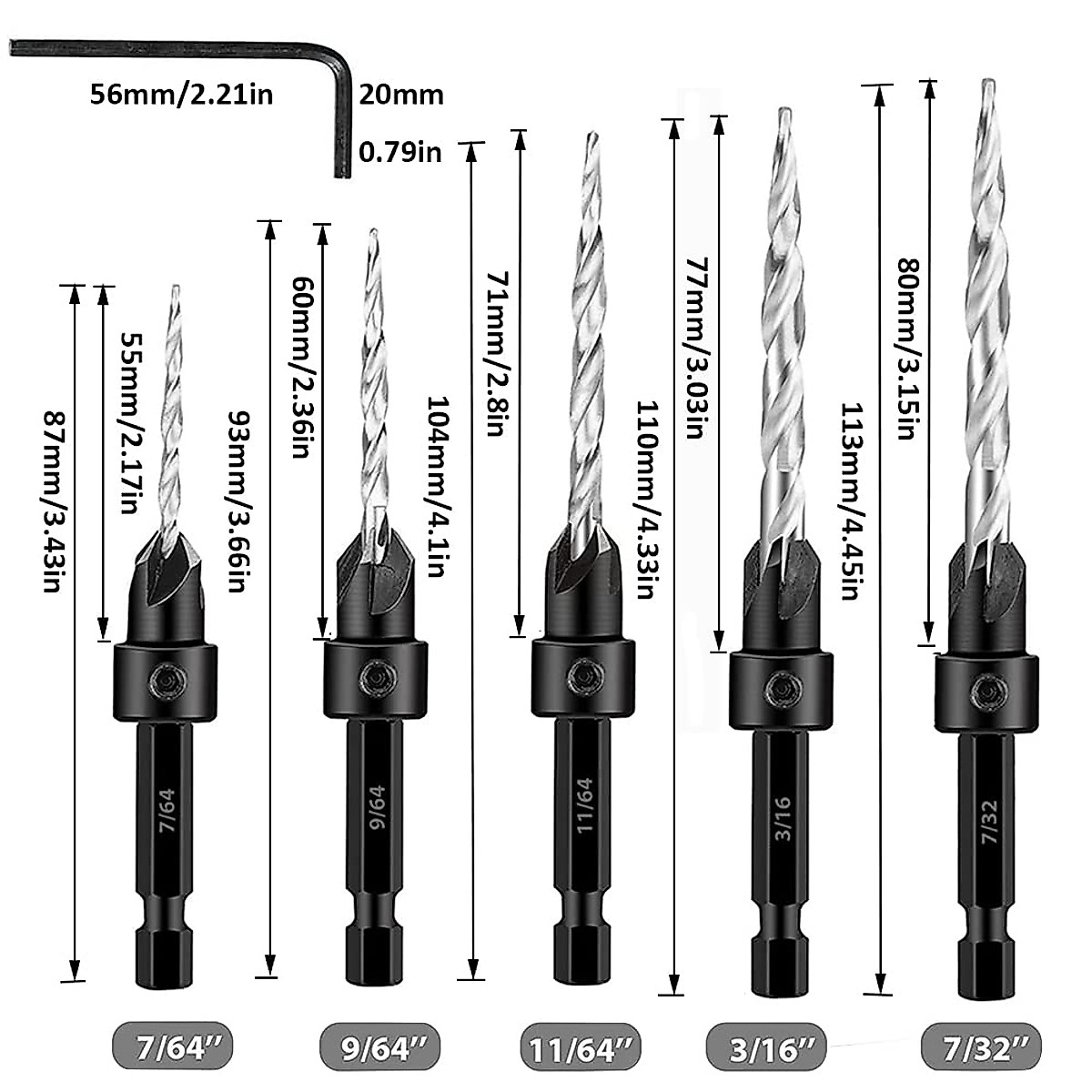 Eyech 5pc Wood Countersink Drill Bit Set Taper Drill Countersink Set 1/4" Hex Shank for Woodworking 7/64 9/64 11/64 3/16 7/32