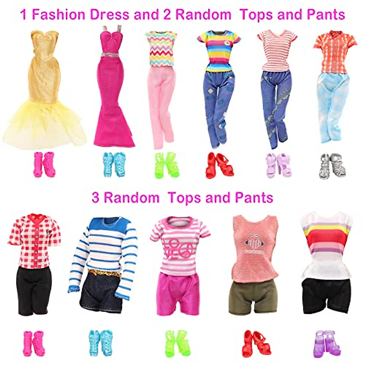16 Pack Doll Clothes and Accessories 2 Fashion Dresses 2 Sequin Skirts 1 Long Dress 5 Tops and Pants Outfits 5 Shoes 1 DIY Sticker for 11.5 inch Girl Doll
