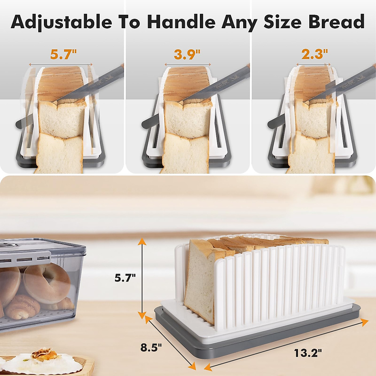 Bread Box&Bread Slicer, Bread Slicer for Homemade Bread, Large Bread Box Airtight with Lid, Time Recording Bread Container for Homemade Bread, Toast, Bagel, Donut and Cookies (Box:11.2"x7.5"x6.1"/8L)