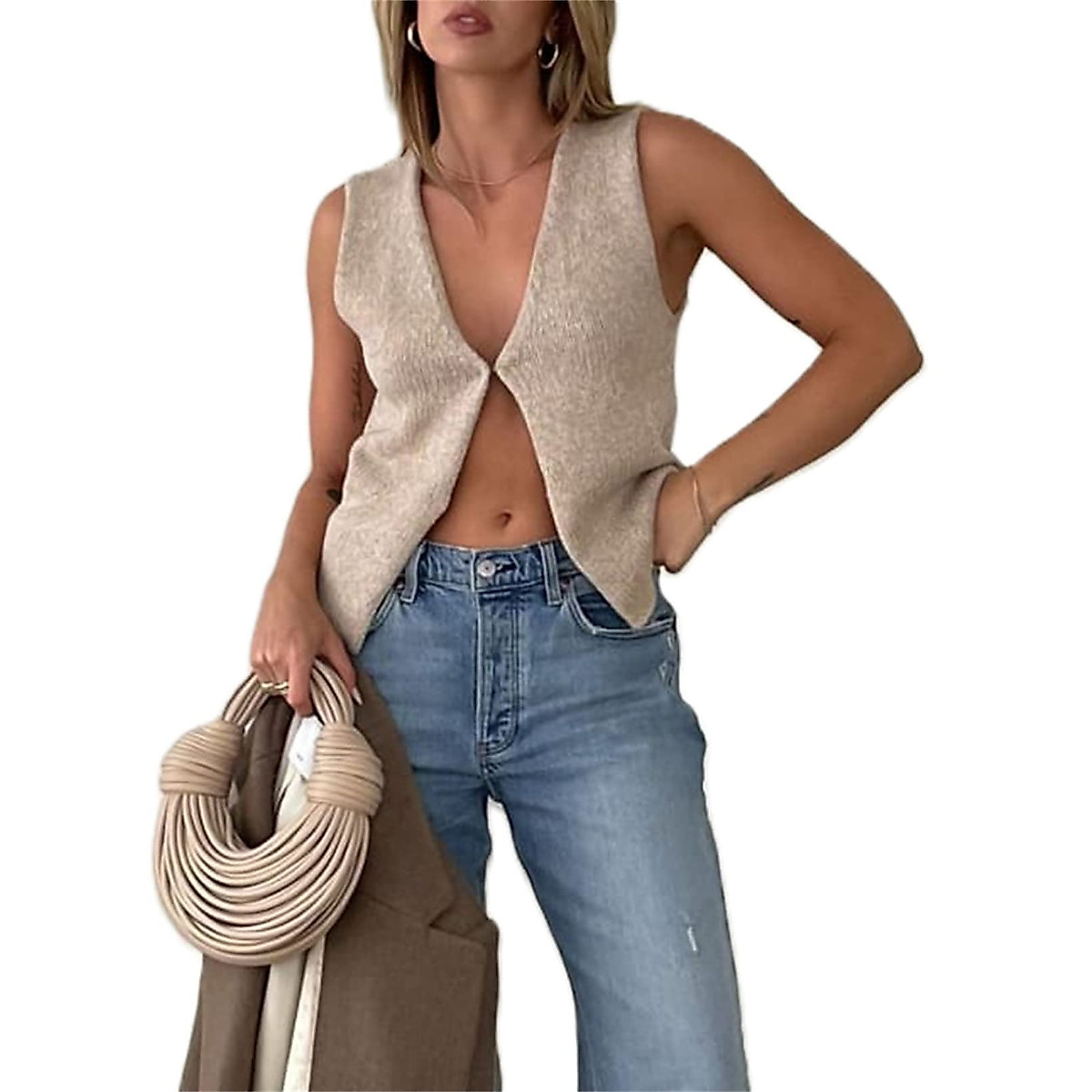 Women Crochet Knit Vest Solid Hollow Out Button Down V Neck Sleeveless Crop Tops Vintage Casual Versatile Streetwear