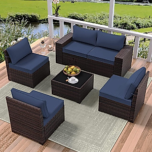 RTDTD Outdoor Patio Furniture Set, 6 Pieces Outdoor Furniture All Weather Patio Sectional Sofa PE Wicker Modular Conversation Sets with Coffee Table,5 Chairs & Seat Clips Dark Blue