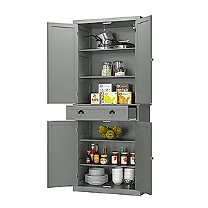 Yusong 72'' Tall Kitchen Pantry Cabinet, Farmhouse Storage Cabinet with 4 Doors, Drawer and Adjustable Shelf, Freestanding Wooden Cupboard Buffet for Dining Room Living Room, Grey