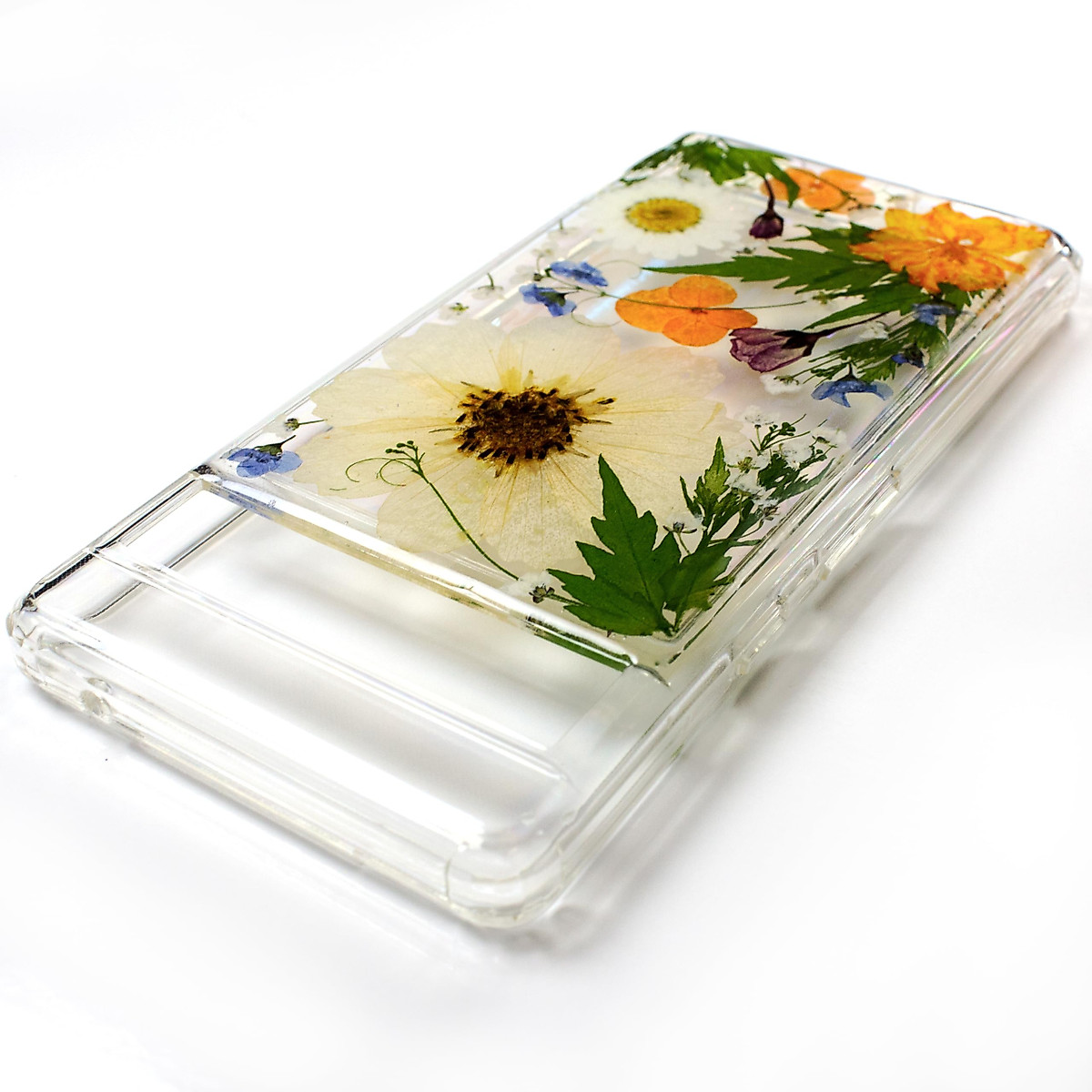 Unique Real Pressed flower foral Clear Soft Phone cases cover With Bumper for Google Pixel 8 with large Flower Design Fit (Pixel 8)