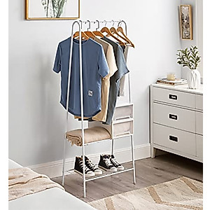 WEASHUME Clothes Rack with 2-Tier Metal Bottom Shelves Portable Garment Rack Double Rod Coat Rack for Bedroom Hanger Clothes ,Shoes Rack White