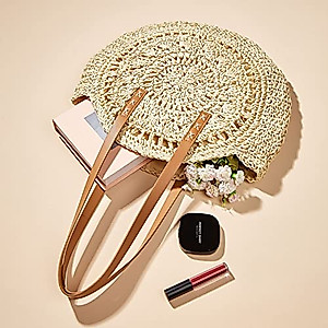 Straw Bag Women Handmade Shoulder Handbag Large Beach Bag Handwoven Round Tote Beige