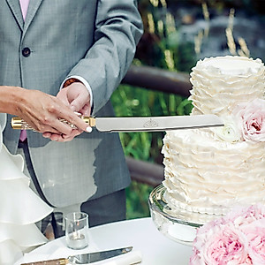 iooiluxry Wedding Cake Knife and Server Set, Bridal Shower Gifts for Bride Mr and Mrs Champagne Flutes Glass and Cake Cutting Set for Wedding Engagement Gifts (Gold)