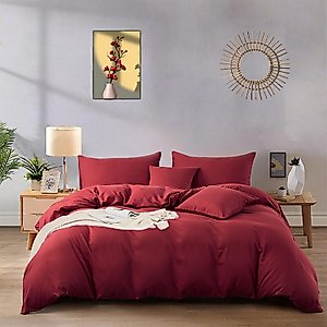 Famanti Brown Duvet Cover Bedding Set 3 Piece 100% Cotton Linen Textured Duvet Cover Breathable and Durable with Zipper Closure Corner Tie Gift for Men and Women (Red, Twin 68”×86”)