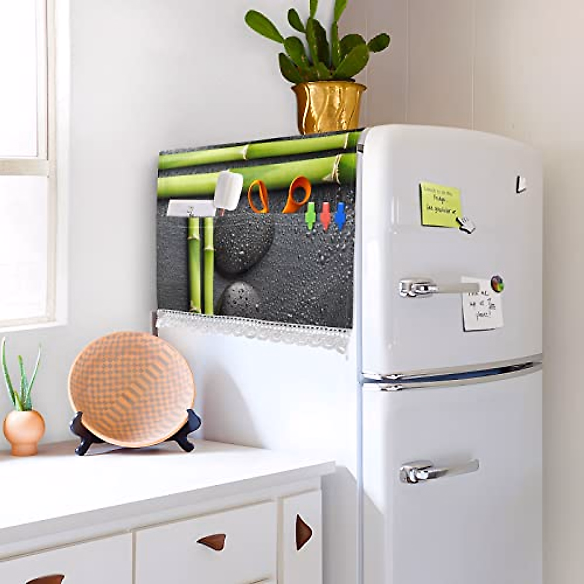 Poeticcity Black Zen Basalt Stones with Dew Green Bamboo on Dark 1 PC Washing Machine Cloth Dustproof Cover with Storage Bags Lace, Fridge Oven Dryer Top Dust Oil Proof Cover 51" x 22" for Home