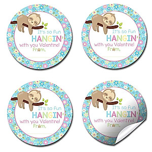 Hangin’ with You Sleepy Sloth-Themed Valentine Party Favor Sticker Labels, 40 2" Party Circle Stickers by AmandaCreation, Great for Classroom Valentines, Envelope Seals, Gifts & Treats