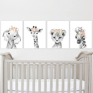 Baby Girl Nursery Wall Art Pink Floral Safari Animals Elephant Giraffe Lion Zebra Room Decor 4 UNFRAMED PRINTS