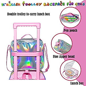 Egchescebo Kids Love Rolling Roller Backpack for Girls Girl Childrens Kid Suitcases Luggage Lunch Box with Wheels School Bags 16“ 3Pcs Kids Wheeled Backpack Pink Bright Trolley