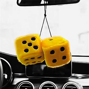 Moioee Pair of Retro Square, 3 inch Fuzzy Plush Dice with Dots, Car Mirror Hanging Decoration, Auto Rearview Mirror Ornament, Couple Pendant Charms, Home Decorative Car Interior Accessories (Yellow)