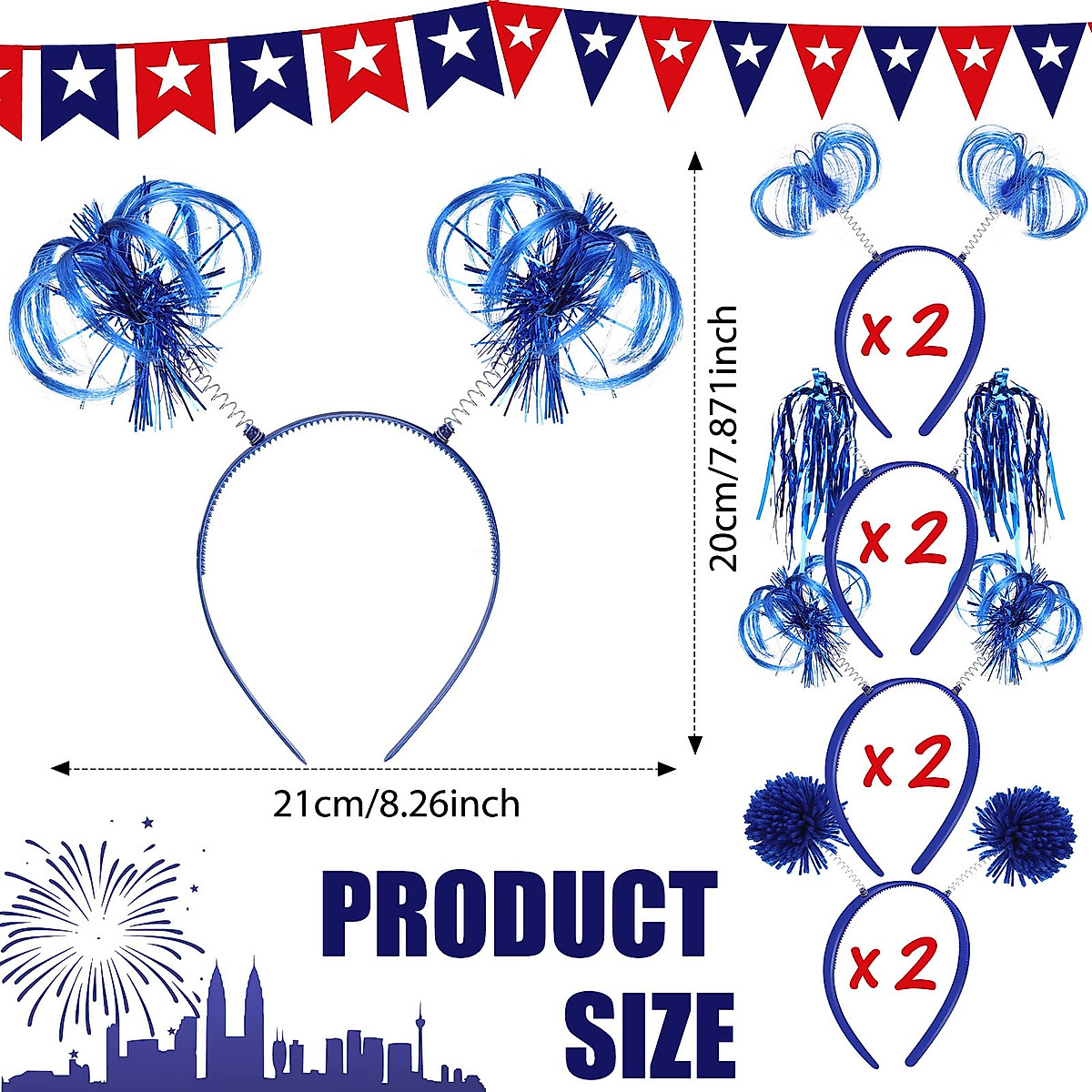 Censen 8 Pcs Pom Pom Headbands Party Headbands Tinsel Wrapped Ponytails Headbopper Headwear for Halloween Birthday Festival(Blue)