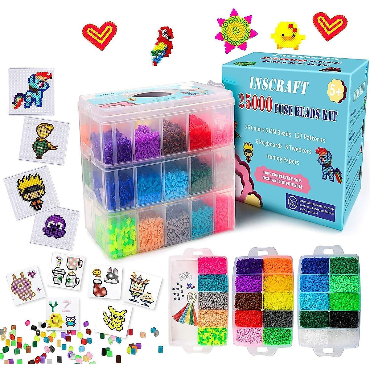 Fuse Beads, 25,000 pcs Fuse Beads Kit 26 Colors 5MM, Including 127 Patterns, 4 Big Square Pegboards, 1 Heart Pegboards, 1 Flower Pegboards, Ironing Paper, Tweezers, Beads Compatible by INSCRAFT