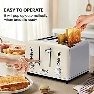 URIOO Toaster 4 Slice Retro Stainless Steel Bread Toaster with Extra-Wide Slots, Removable Crumb Tray, Reheat, Cancel, Defrost Function, 6 Browning Settings, Cream