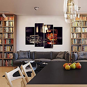 VVOVV Wall Decor - Brown Whisky In Cups With Ice Canvas Wall Art Print Wine Painting Framed Pictures Smoking Cigar Ashtray Poster Giclee Artwork Wall Decor Kitchen Bar