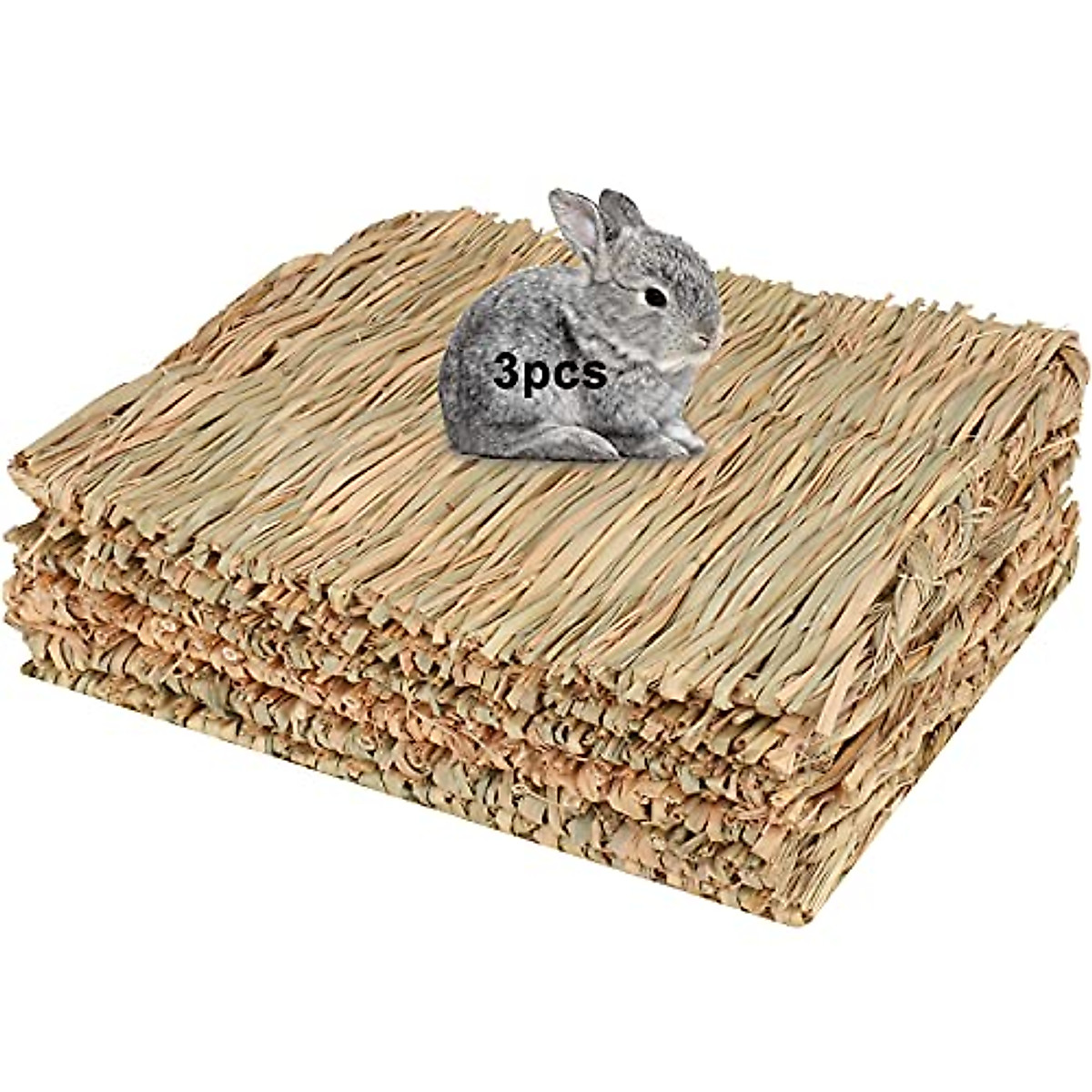 Anyuxin Rabbit Grass Mat - Woven Bed Mat, Bunny Bedding for Small Animals, Natural Straw Woven Bed for Pet Nesting, Nature Hay Mat Chewing Play Toy for Guinea Pig, Hamster, Squirrel and More（3 Pack）