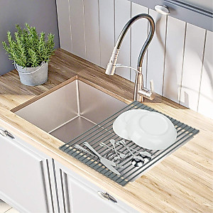 Hhyn Over The Sink Roll-Up Dish Drying Rack 17"(L) x 13"(W), Silicone Coated Stainless Steel Multipurpose Dish Drainer Mat for Kitchen, Gray - Small