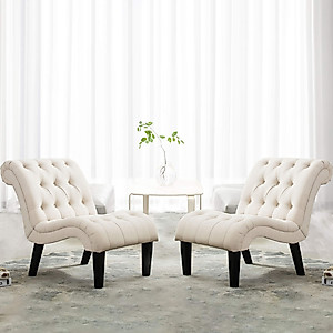 Yongqiang Accent Chairs for Living Room Set of 2 Upholstered Tufted Bedroom Chairs Curved Armless Side Chairs with Wood Legs Linen Fabric