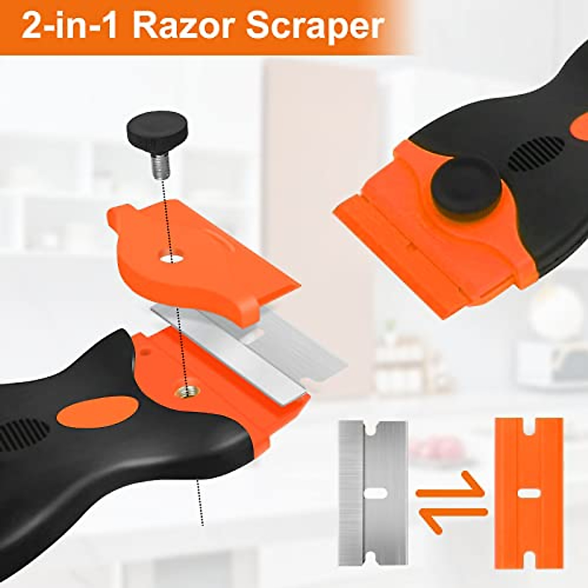 THINKWORK Razor Blade Scraper - 2Pcs Razor Scraper Set with 20Pcs Razor Blades, 2-in-1 Scraper Tool for Removing Labels, Decals, Stickers, Paint, Caulk, Adhesive