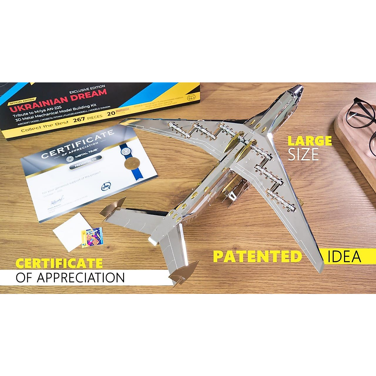 METAL-TIME ANTONOV Mriya AN-225 Exclusive Edition Official Product, Mechanical model, Cargo Aircraft, 3D Model DIY Kit, Airplane Working Model UKRAINIAN DREAM