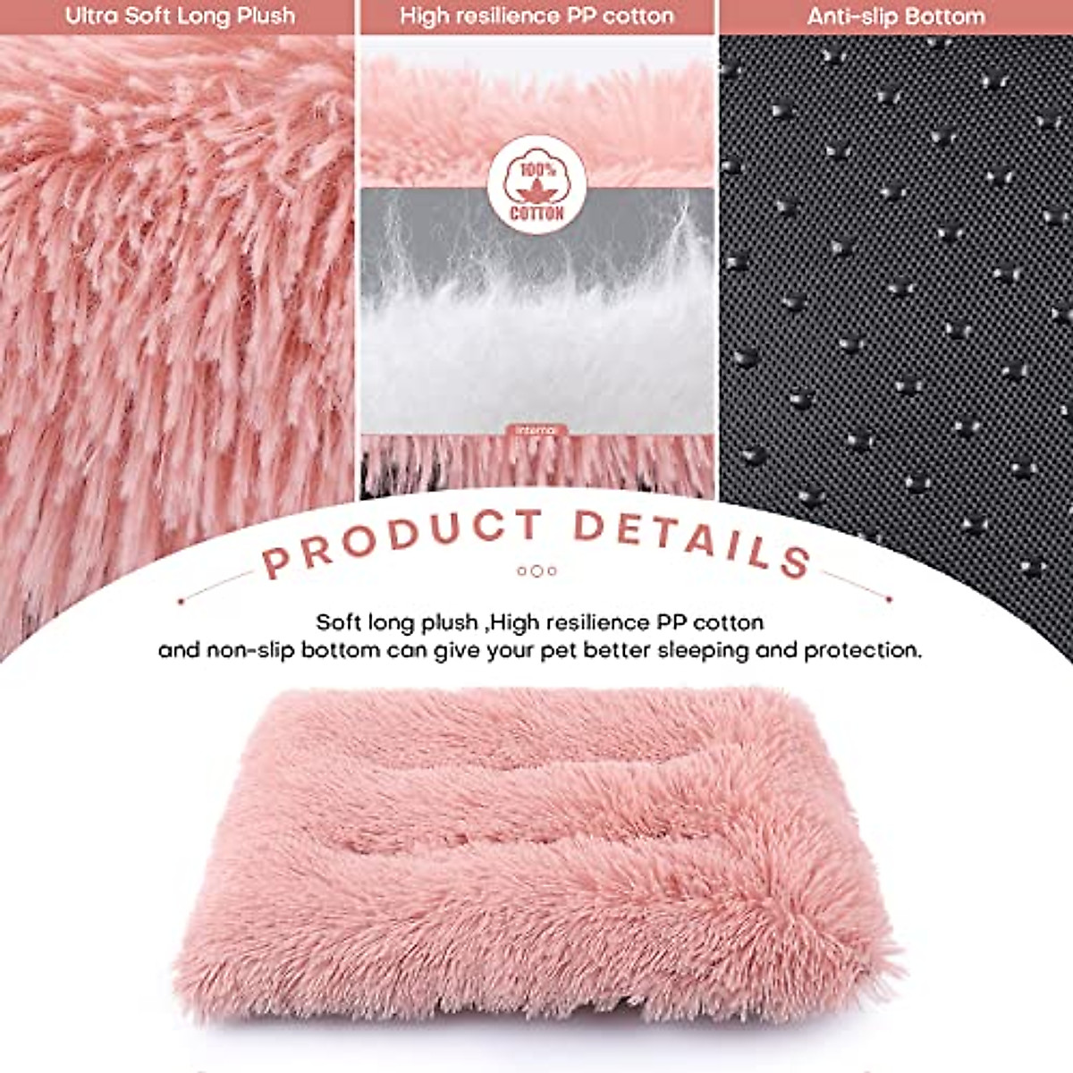 Lucky Monet Small Dog Beds 21" x 12", Fluffy Calming Dog Bed Washable Dog Crate Mat Plush Rectangle Pet Bed with Anti-Slip Backing, Long Plush Pet Beds for Dogs Cats Puppies