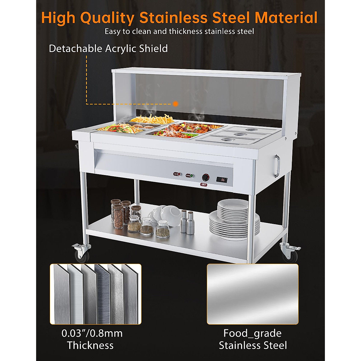 72QT Steam Table 9x8QT Electric Commercial Food Warmer 9-Pans with Acrylic Shield Stainless Steel Bain Marie Countertop with Lockable Wheels for Restaurants Buffets Party 1500W, 110V