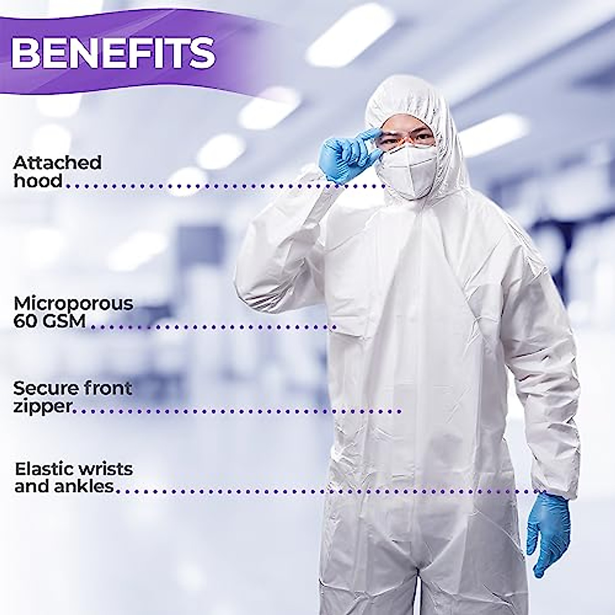 AMZ Disposable Coveralls with Hood, X-Large. Pack of 5 White Microporous Lab Coveralls Disposable. 60 GSM Painters Suit Disposable with Storm Flap Zipper Cover. Painters Suit Disposable. Hazmat Suit