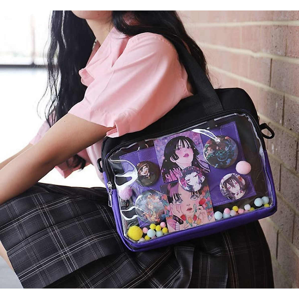 Hipi-shop Ita bag Japanese Color matching Transparent shoulder bag crossbody bag for Anime Lolita Bag DIY Cosplay Display Anime badges handbag (Black)