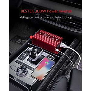 BESTEK 300Watt Pure Sine Wave Power Inverter - DC 12V to AC 110V Car Plug Inverter Adapter, Power Converter with 4.8A Dual USB Charging Ports and 2 AC Outlets Car Charger