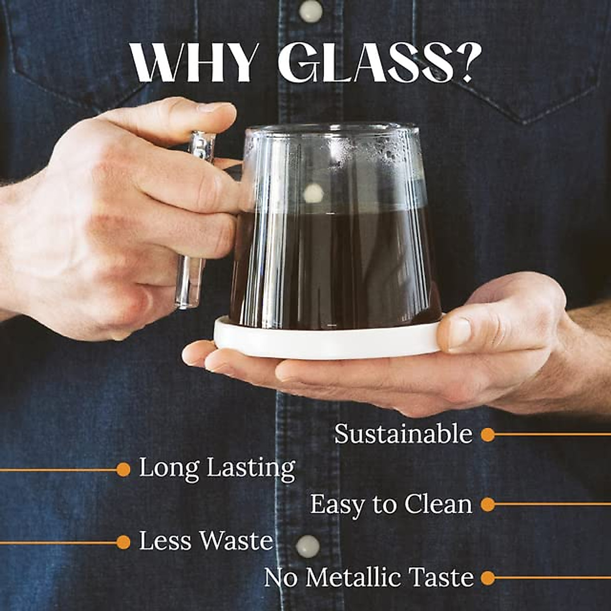 Pure Over Signature Borosilicate Glass Mug - Holds 14 oz - Includes Ceramic Coaster - Modern Design with Ergonomic Handle - Perfect for Hot & Iced Coffee, Latte, Cappuccino, Tea, Hot Chocolate