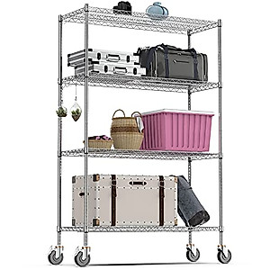 Raynesys Wire Shelving with 4" Wheels, 2400Lbs Heavy Duty 4-Tier Shelving Metal Shelves, 48x18x72in Steel Wire Storage Shelf Commercial Grade Adjustable Utility Rack for Garage, Kitchen, Chrome