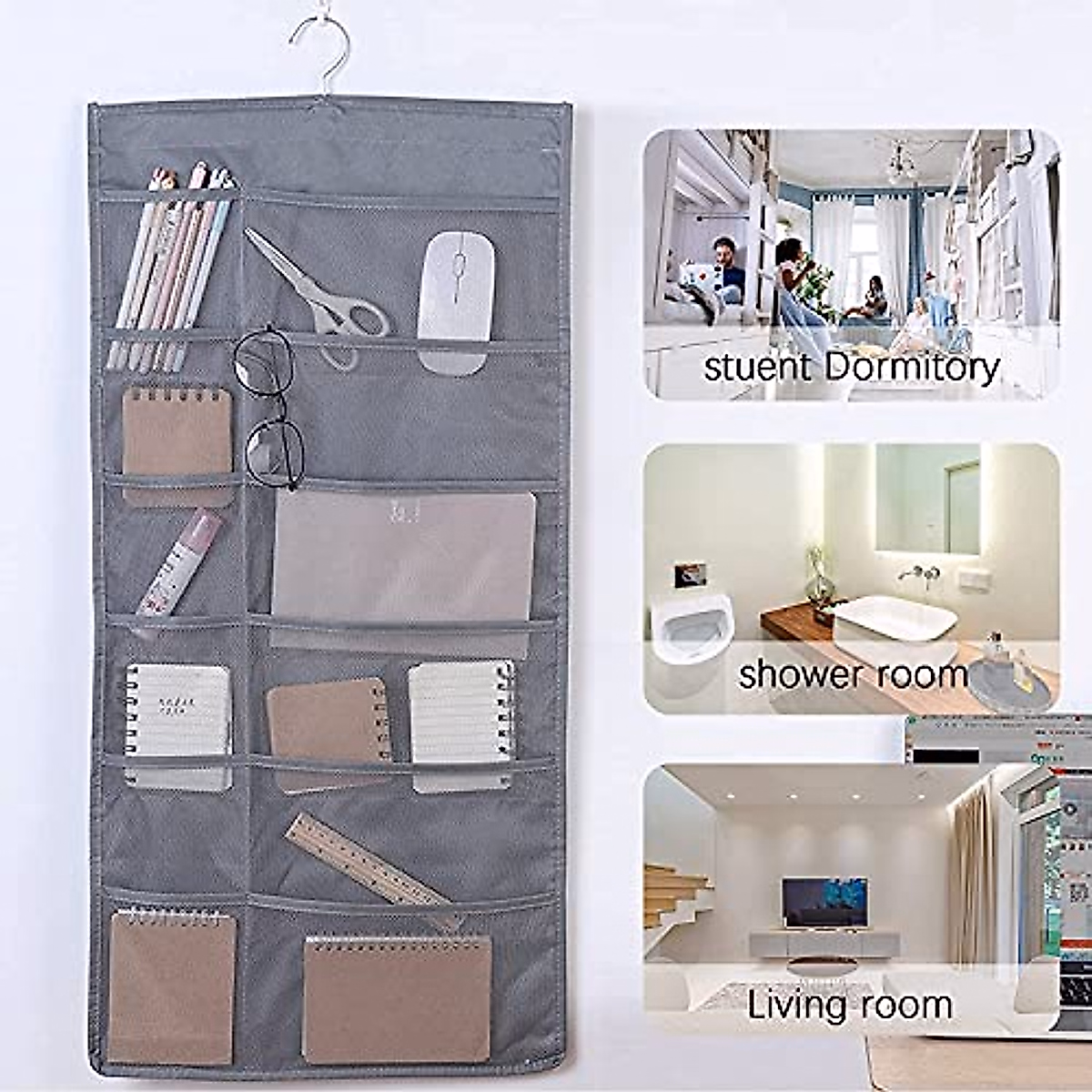 Oxeanus Closet Hanging Organizer with Mesh Pockets And Rotating Metal Hanger,Dual Sided Wall Shelf Wardrobe Storage Bags,Oxford Cloth Space Saver Bag for Bra Underwear Underpants, Gray, 42.5Xx79CM