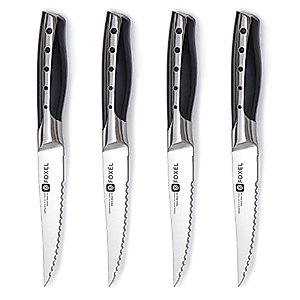 FOXEL Dishwasher Safe Steak Knives Knife Set of 4, 8, or 12 - Serrated Steak Knife Set w/Japanese Stainless Steel, Full Tang Handle, and Rust Resistant Blade - Steak Knifes Gift Box Set