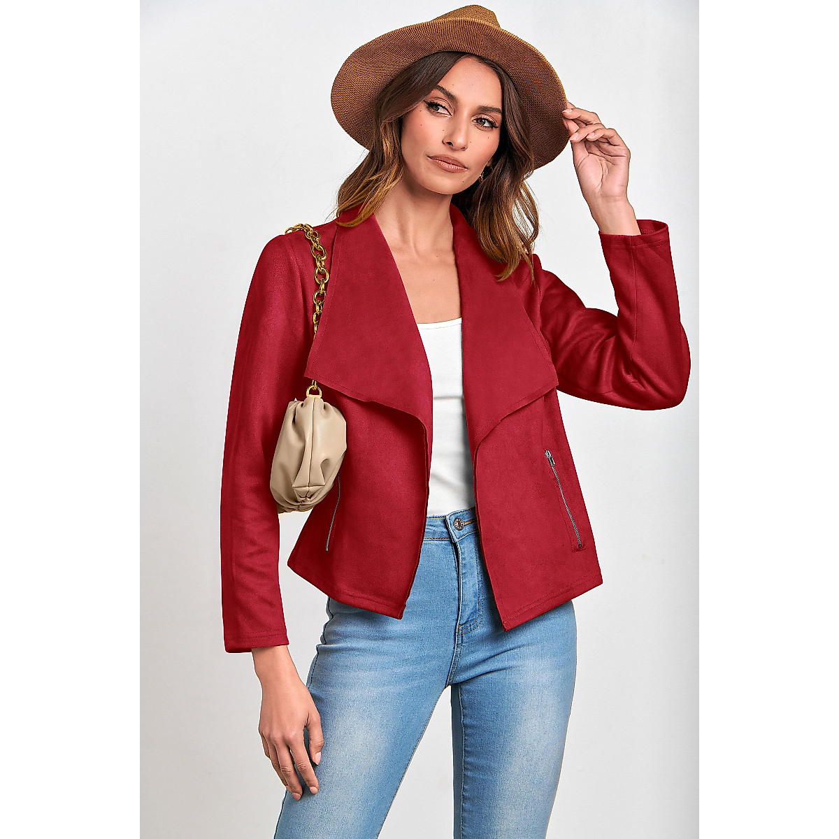 PRETTYGARDEN Women's Faux Suede Jackets 2025 Spring Fall Clothes Long Sleeve Open Front Cropped Coat Outwear (Red,Large)