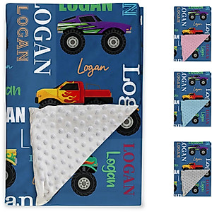Custom Name Blanket - Personalized Flannel Bed Blanket with Double Layer Dotted Backing - Car Monster Truck Tractor Excavator Train with Multi-Fonts Name Design for Baby Kids Boys Girls Gifts Color08