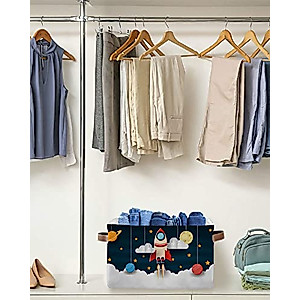 Storage Bins, Space Theme Cute Rocket Planet Pattern Storage Baskets for Organizing Closet Shelves Clothes Decorative Fabric Baskets Large Storage Cubes with Handles