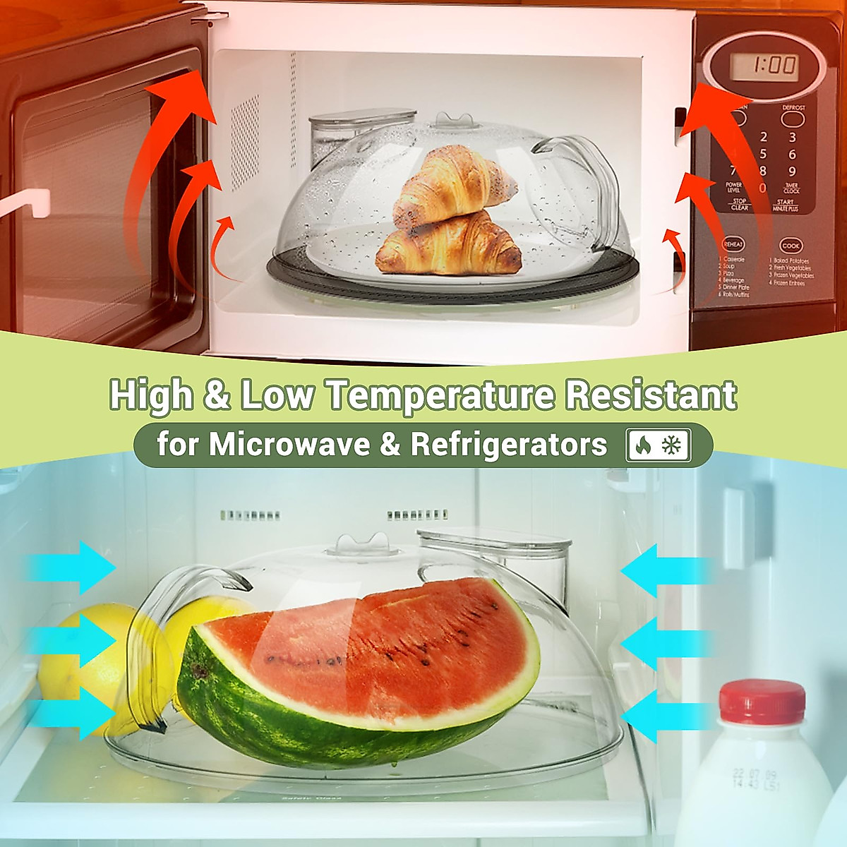 MAGJIUKE Microwave Splatter Cover for Food, Clear Microwave Lid with Water Steamer, Integrated Handle, Splatter Guard, 10” Plate Covers & 12" Mat, BPA-Free, Essential Kitchen Gadgets and Accessories