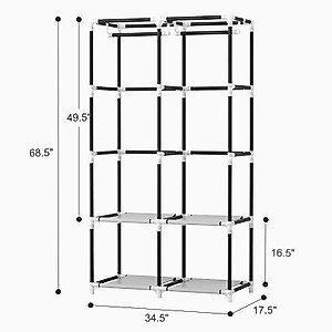VTRIN Portable Closet Wardrobe Closet for Hanging Clothes with 4 Storage Shelves, 2 Hanging Rods and 6 Pockets, Stable and Easy Assembly Clothes Rack with Cover Free Standing Closet for Bedroom, Black