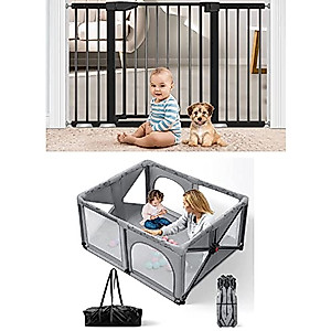 Yacul 29.3"-51.5" Stair Gate Black & Foldable Baby Playpen with Carry Bag, Lightweight Play Pen for Babies and Toddlers Easy to Assemble or Disassemble, 59x47x28 Inches