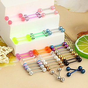 Suotarn 40pcs 14G Mix-Color Stainless Steel Straight Barbell Tongue Rings Bars Piercing 5/8" Length Acrylic Glow In Dark Flexible Retainer Body Jewelry For Women Men