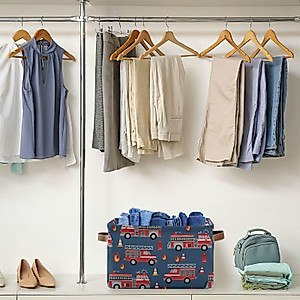 Fire Trucks Large Storage Basket Cube Storage Bin Canvas Fabric Organizer Handles Collapsible Decorative for Clothes Toys Bedroom