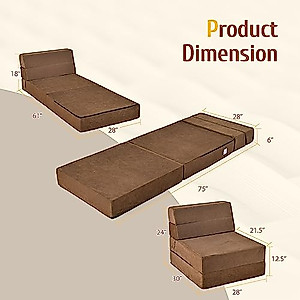 Giantex Convertible Sofa Bed, Floor Couch Sleeper, Folding Futon Guest Bed, Modern Chaise Lounge Upholstered Padded Cushion, Large Accent Chair Living Room Bedroom Brown