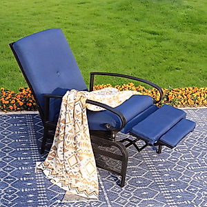 MFSTUDIO Patio Recliner Chair Metal Adjustable Back 2 Pieces Outdoor Lounge Chair with 100% Olefin Cushion (Navy Blue)