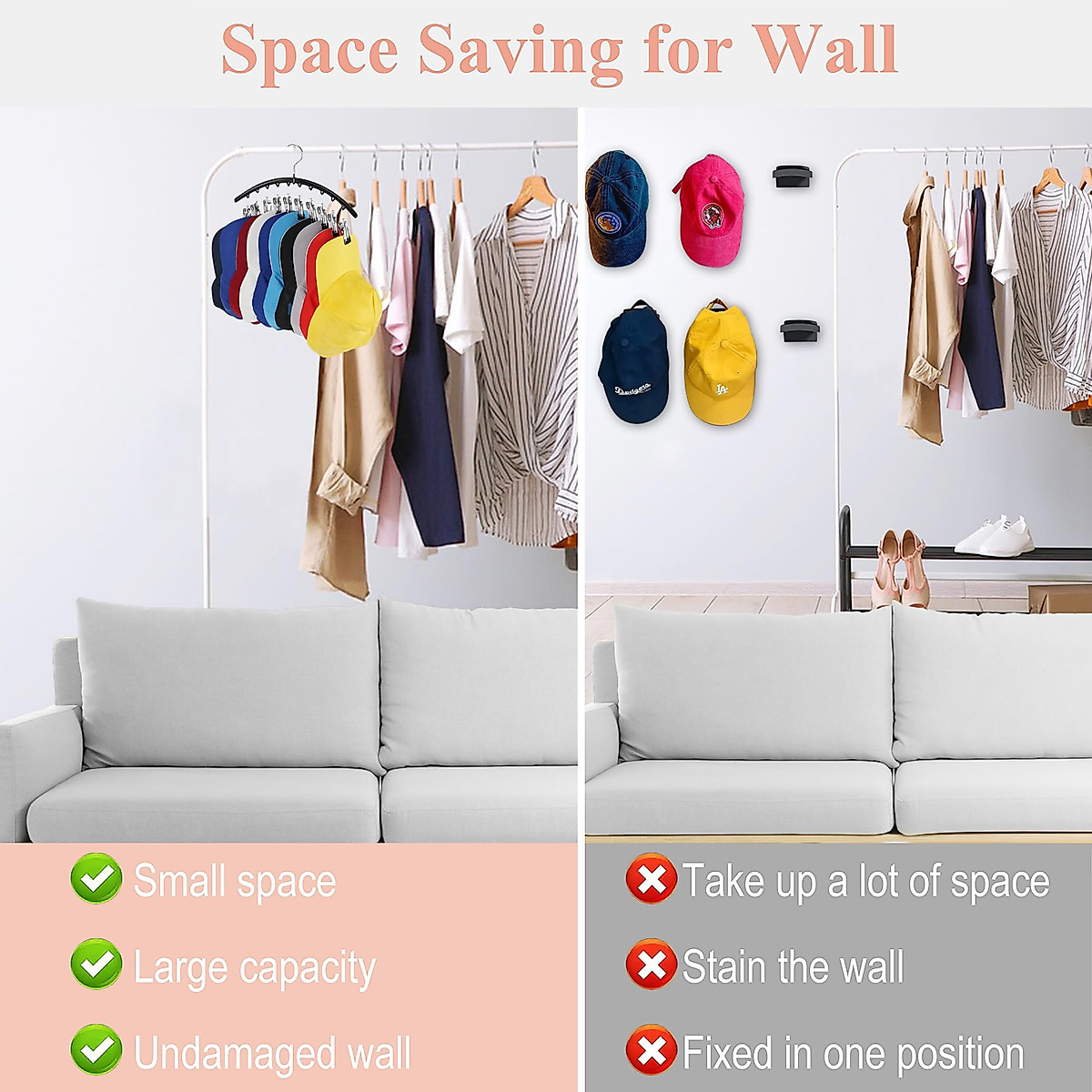 Hat Organizer for Baseball Caps, Hat Hanger 2Pcs with 10 Clips Holds 20 Hats/Leggings/Pants, Closet Organizers and Storage w/Rubber Coated, Leaving No Mark, Space Saving