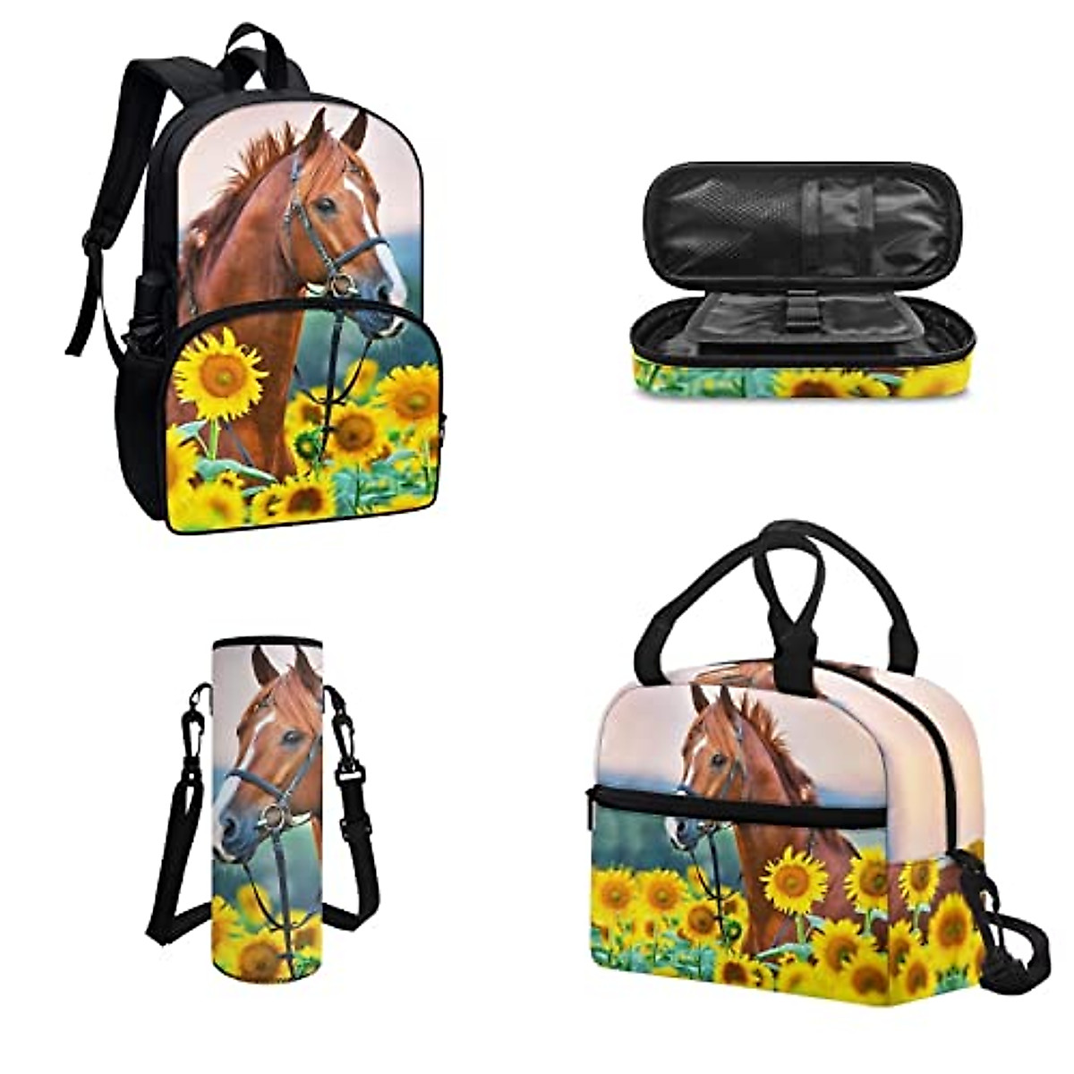 POLERO Sunflower Horse School Backpack for Girls Insulated Lunch Case Crossbody Water Bottle Cover School Pencil Holder Pen Bags